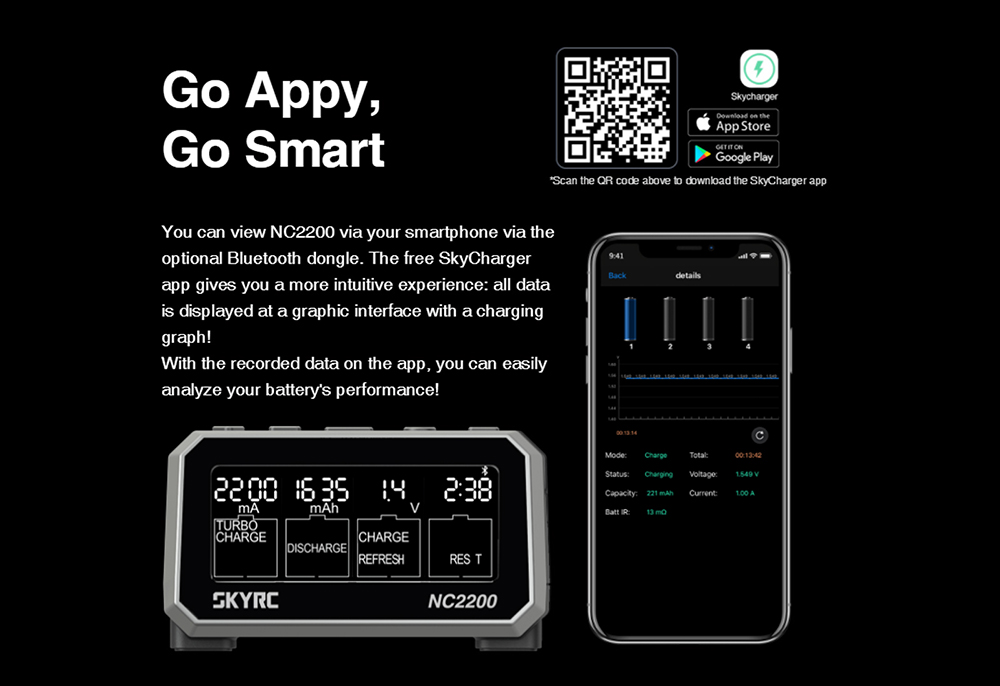 SKYRC NC2200 12V/2.0A +Bluetooth Dongle 4 Slots AA AAA Battery Charger ...