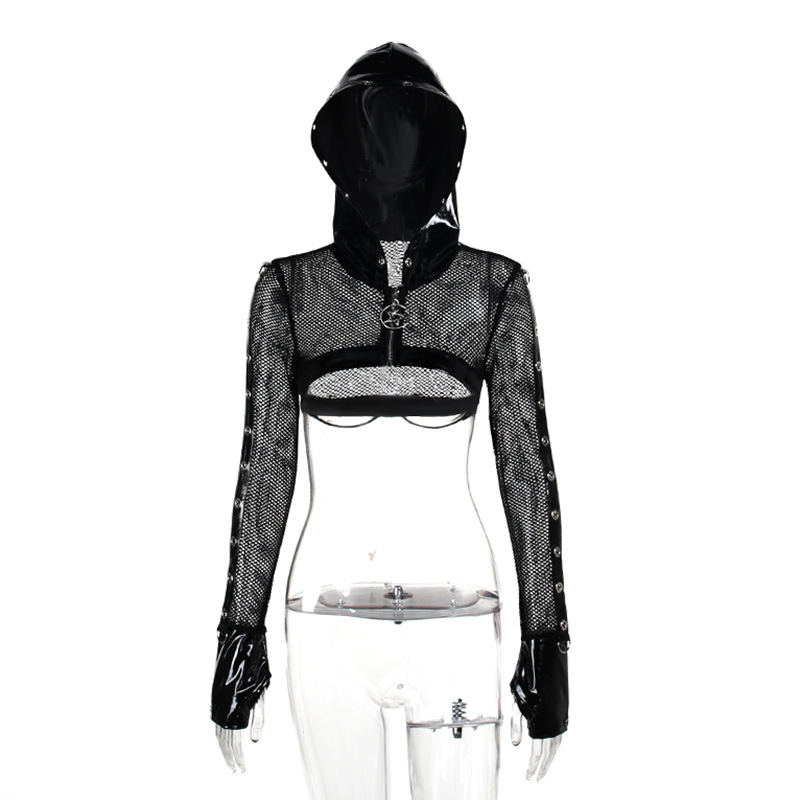 CHUNGLO Grunge Punk Fishnet Zip Up Cardigans Mall Gothic Faux Pu Hooded ...