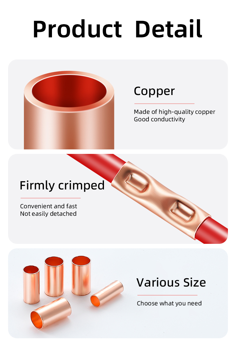 100Pcs GT Copper Connecting Pipe Wire Joint Small Copper Tube Terminal Cable Lug Connection Tube ...