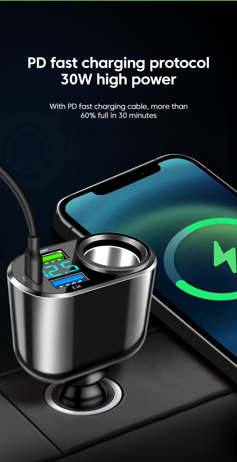 4-in-1 66W Car Charger Type C QC 3.0 PD Cigarette Lighter USB Car ...