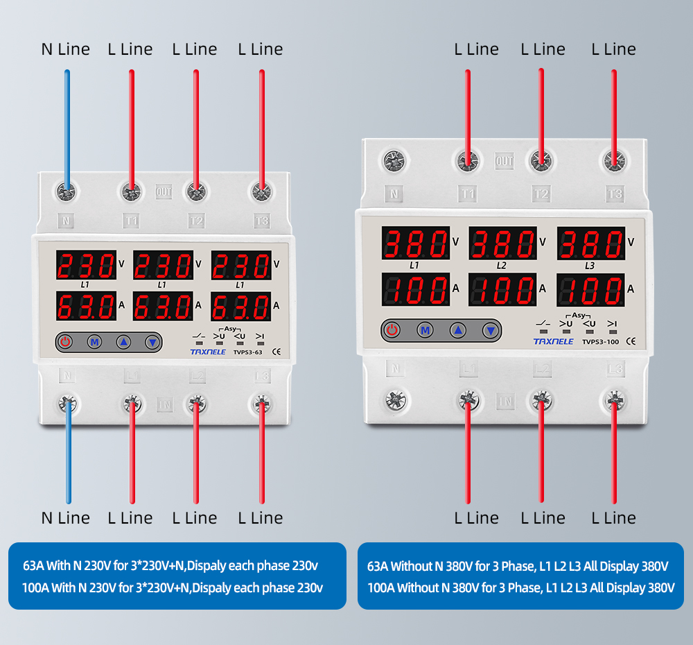 3 three phase Voltage Current Relay Protector 63A 220V 3P+N Over Under ...