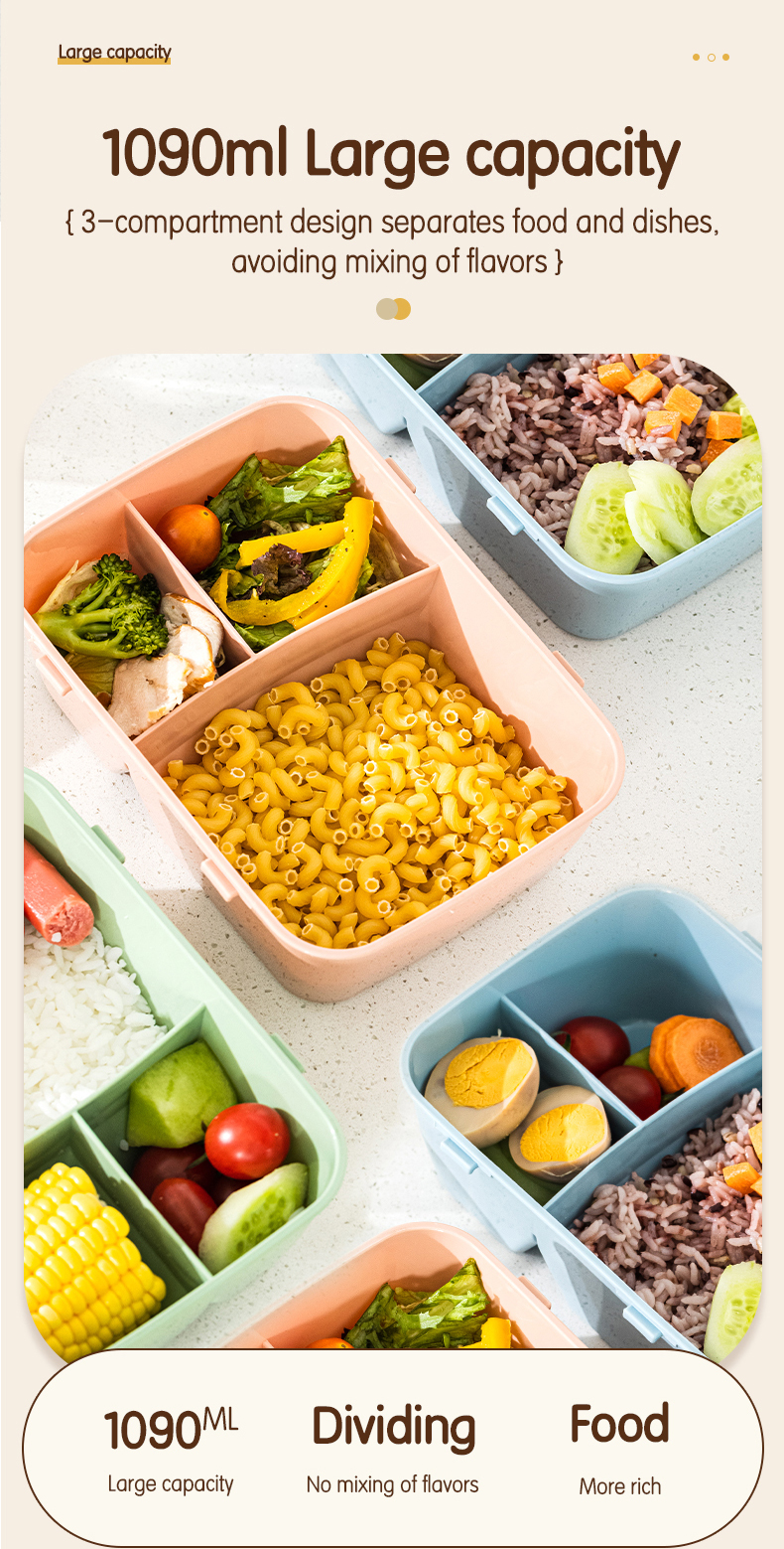 Vusign Portable Lunch Box 3 Grids Plastic Lunch Box For Kids Food ...