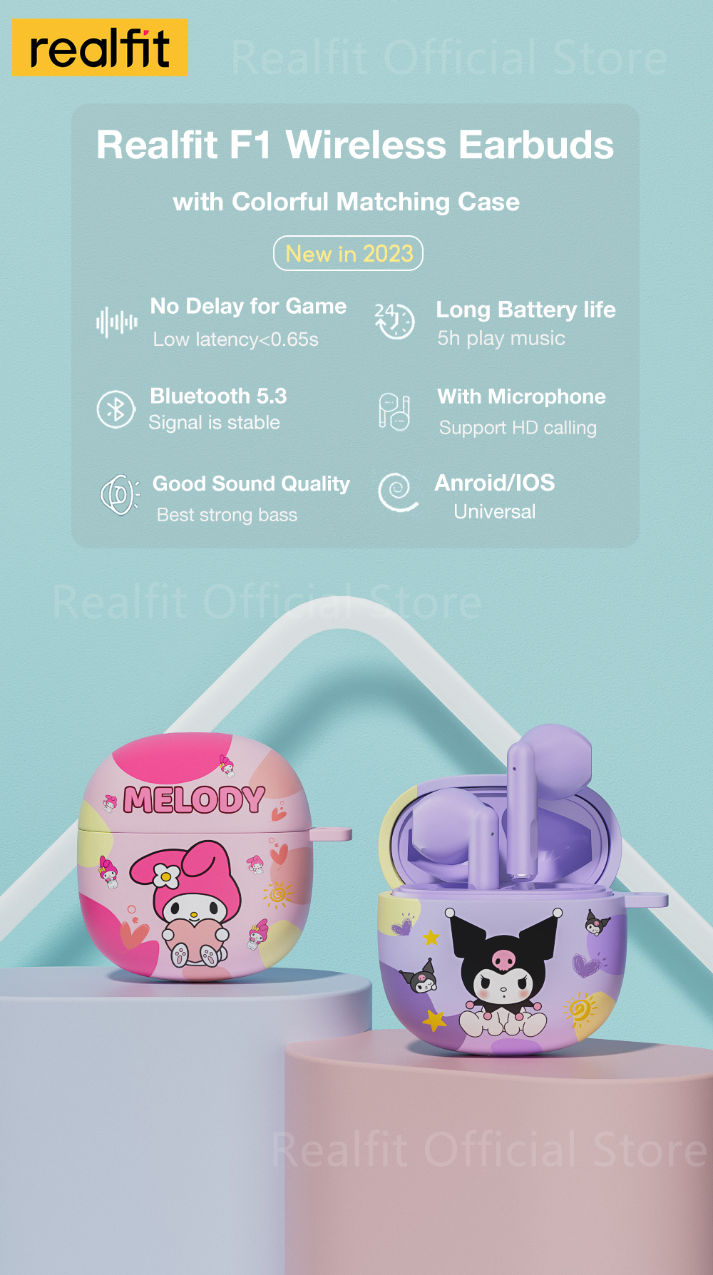 Realfit F1 Bluetooth earphone with Cute Case with Microphone | Shopee ...