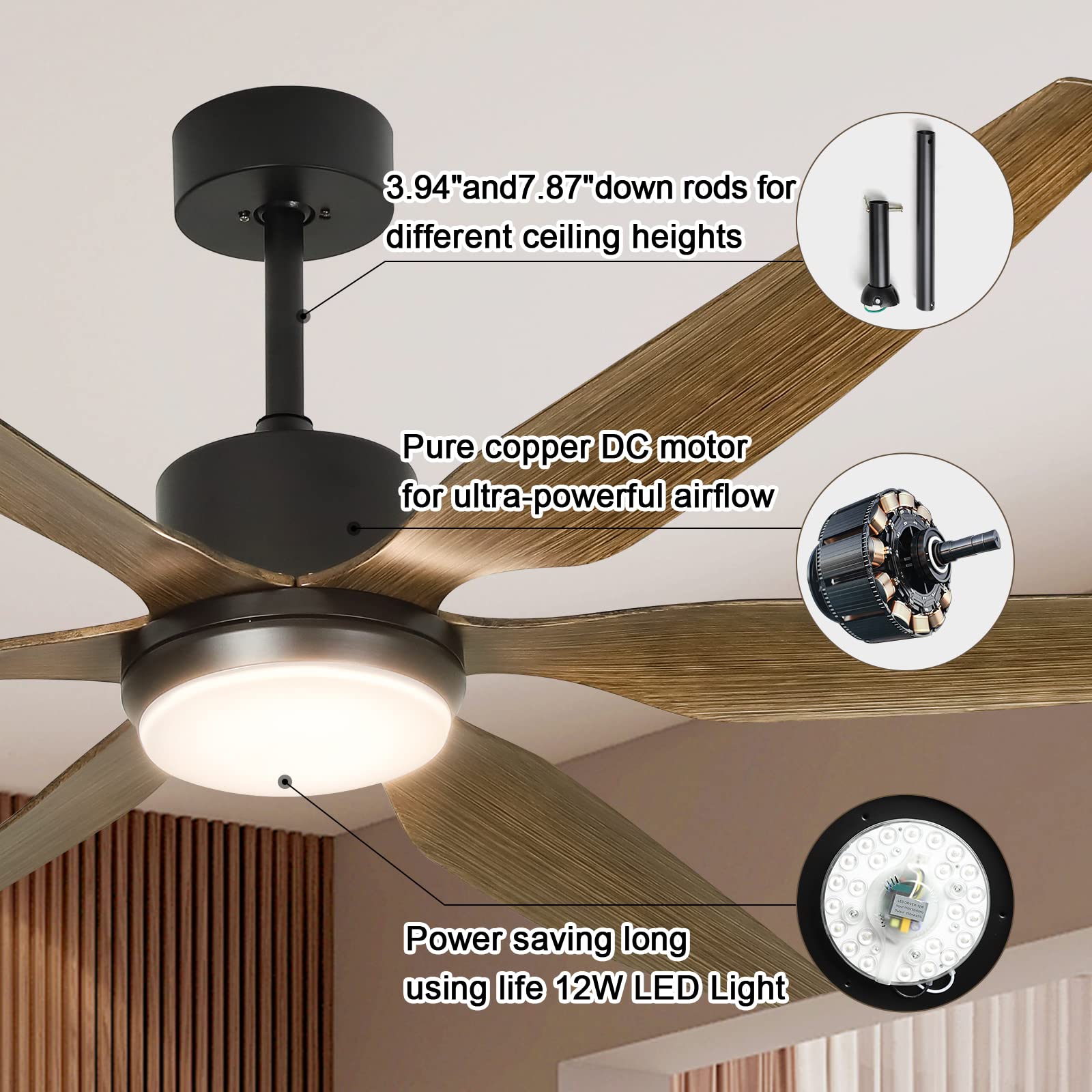 CHNT Ceiling Fan With Light Remote Big Size Smart Timing DC Motor For ...
