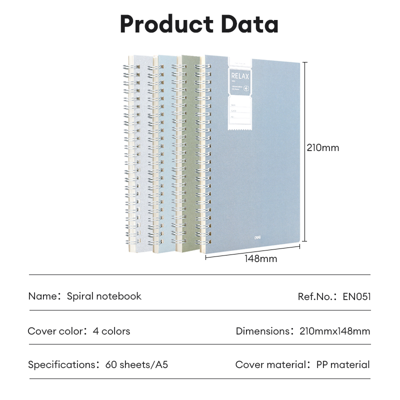 Deli A5 Spiral Notebook 60 Sheets Wite Binder Notebook Line Note Book ...