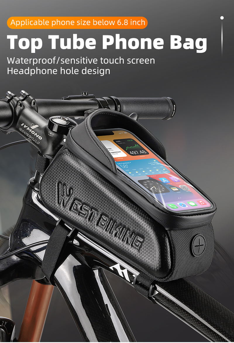 WEST BIKING Bike Waterproof Bike Bag Top Tube Phone Bag 3 Velcro Fixing ...