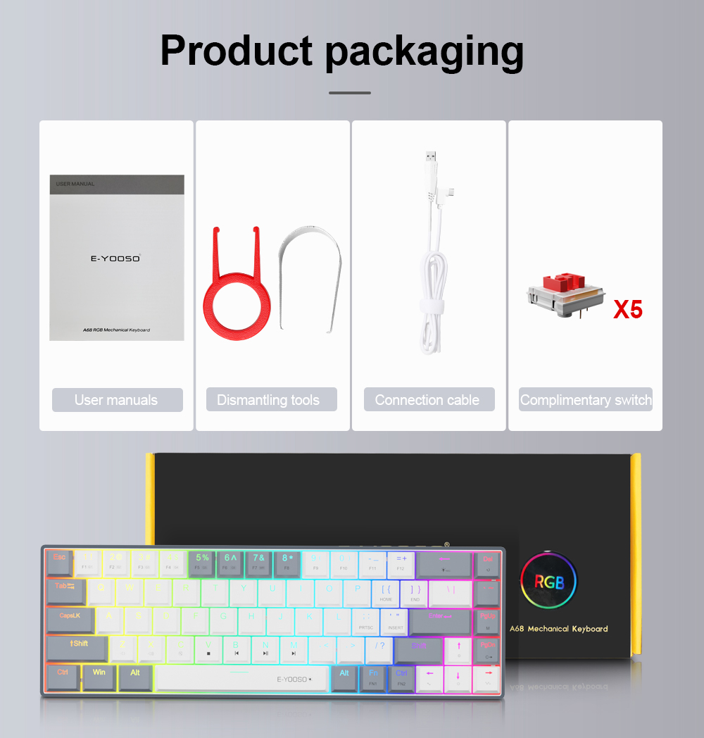 E-YOOSO A68 RGB Mini Slim USB Wired Mechanical Gaming Keyboard Red ...