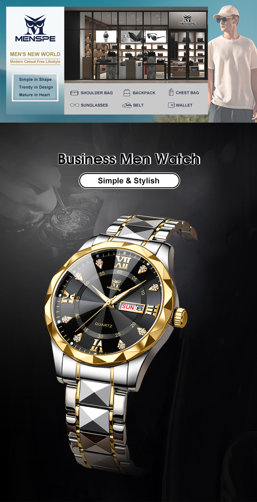 MENSPE Watch Men Quartz Watch Fashion Jam Lelaki 30M Waterproof Steel ...