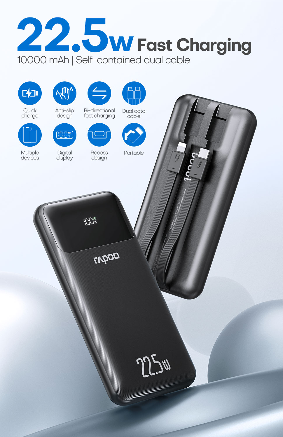 Rapoo RH10pro 10000mAh 22.5W Powerbank with Built in Cable Digital ...