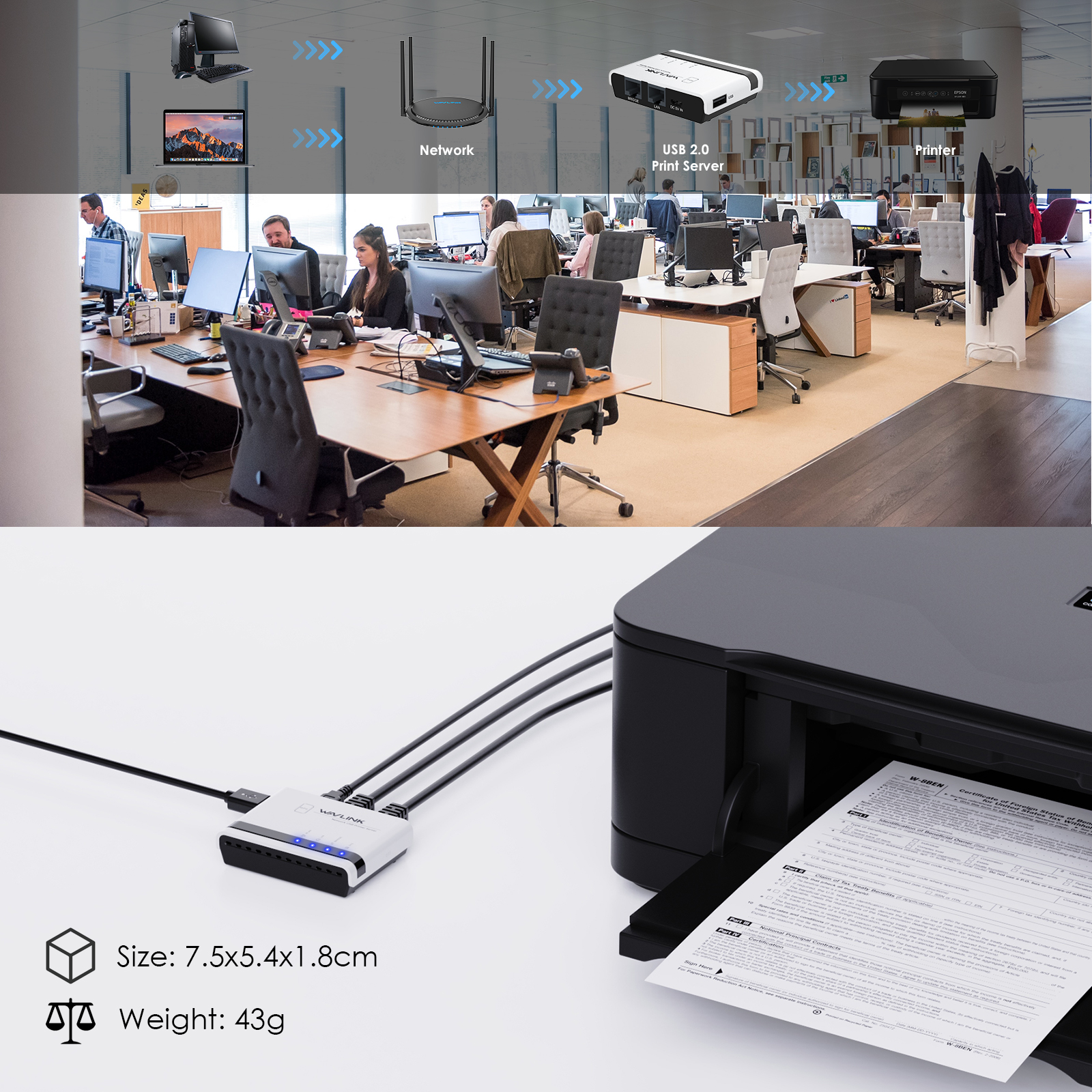 WAVLINK WiFi USB Print Server Share Printers in Home Office Wireless ...