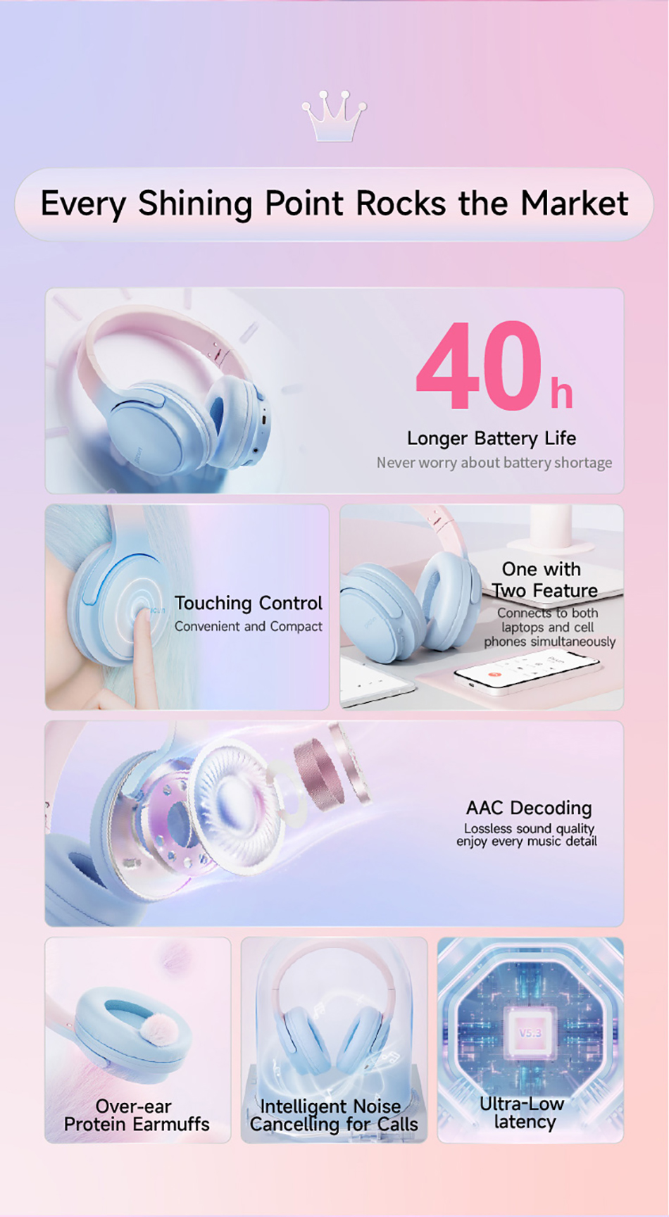 Picun Queen Wireless Headphone For Laptop Phone HIFI Stereo Over Ear ...