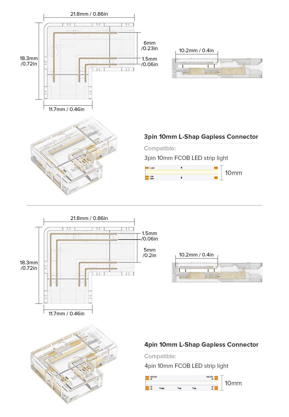 BTF-LIGHTING 2pin/3pin/4pin L-shaped connector FCOB Led light strip ...