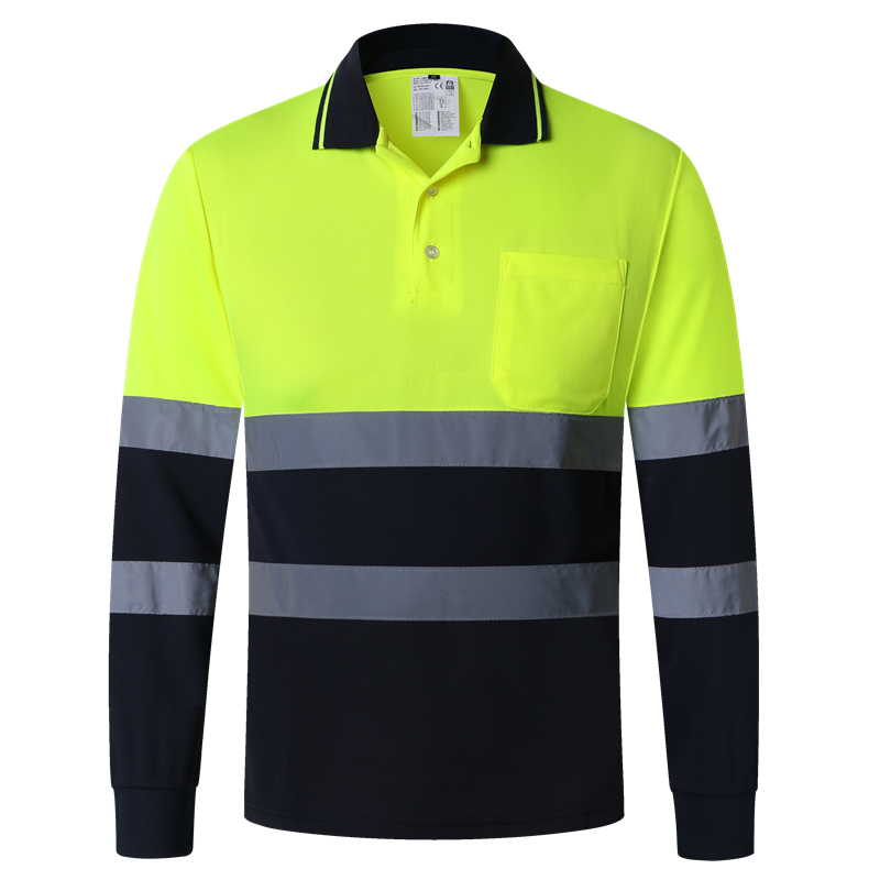 Hi Vis Shirts Yellow Navy Long Sleeve Reflective Polo Shirt Safety Work ...