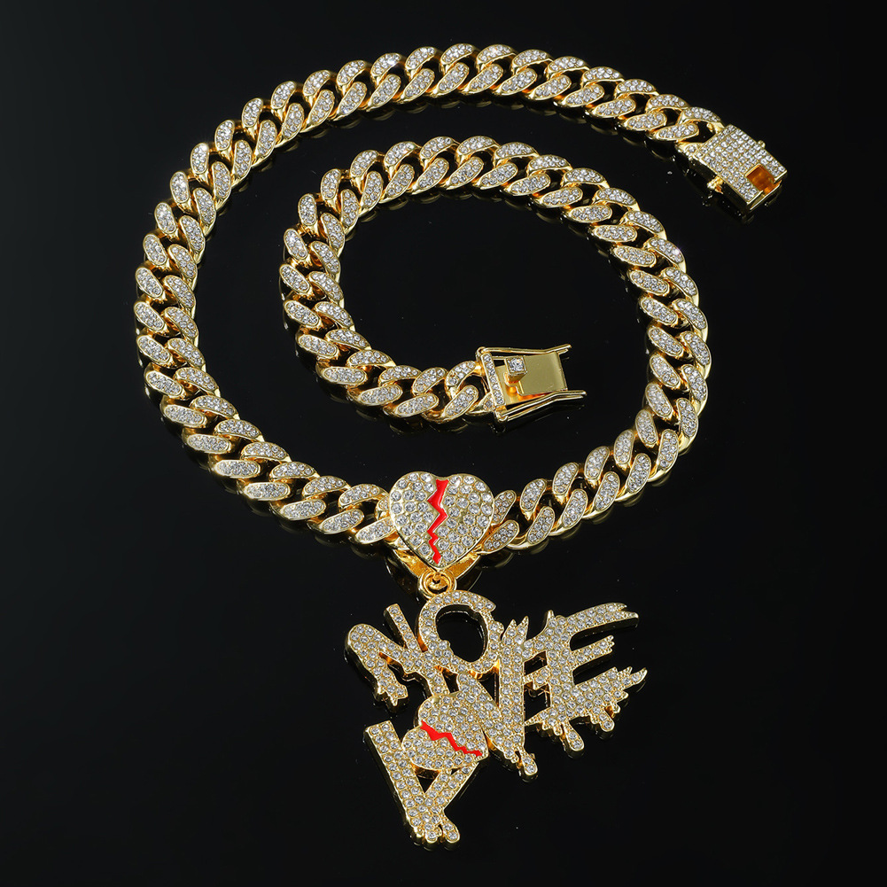 Hip Hop Full Diamond Splice Letter Love Pendant Men's Collar Chain ...