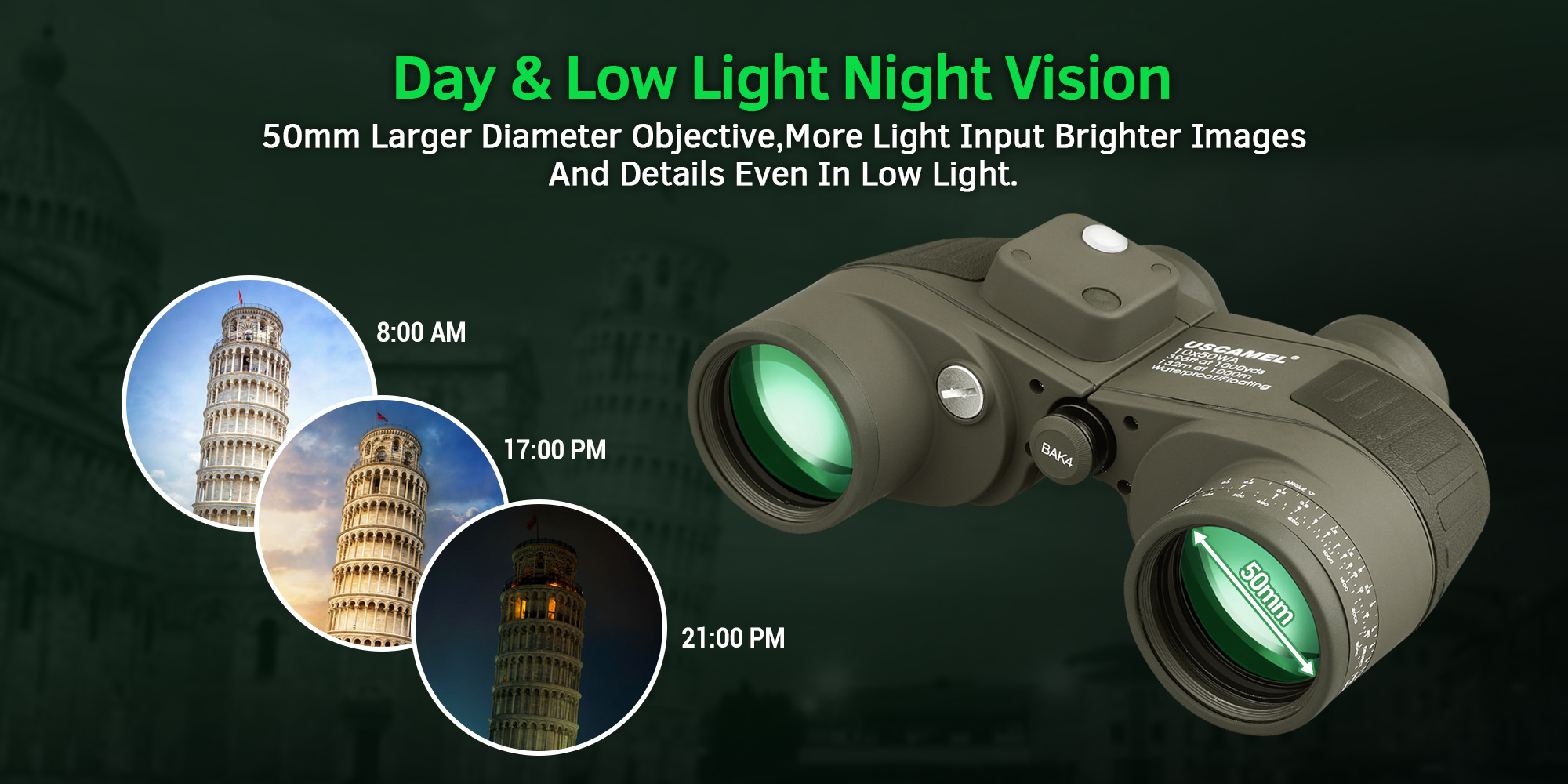 USCAMEL 10x50 Military Binoculars High Power Zoom Compass Day & Night ...