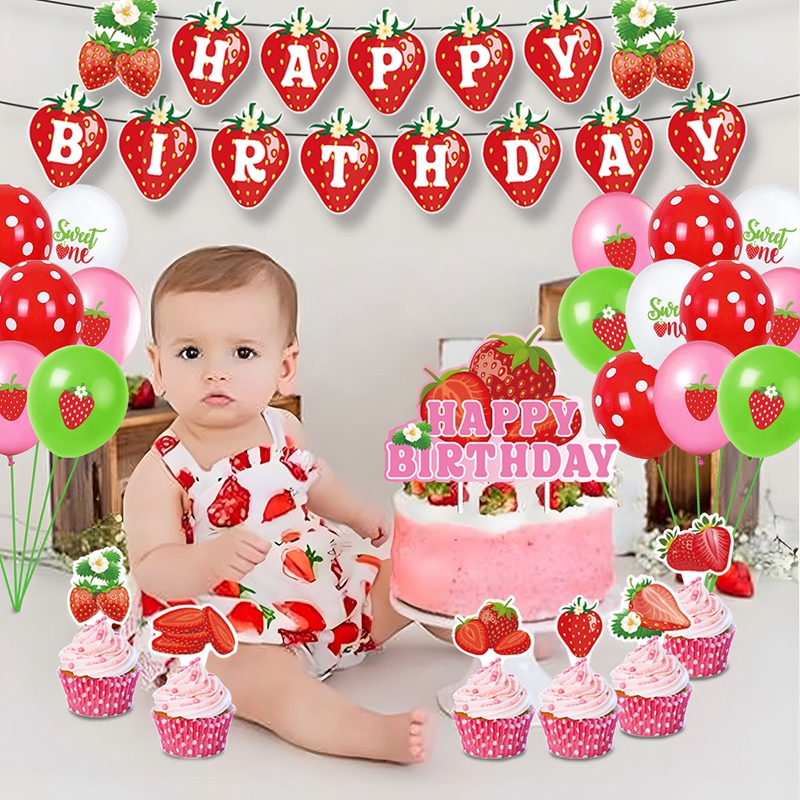 Strawberry Theme Birthday Banner Happy Birthday Flag Letter Backdrop ...