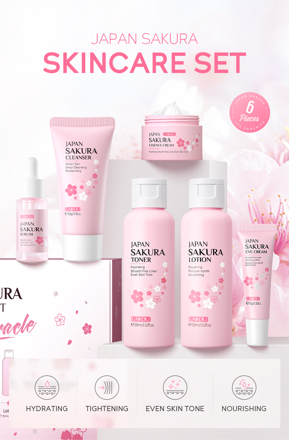 LAIKOU Japan Sakura Skincare Set Hydrating Even Skin Tone Smooth ...
