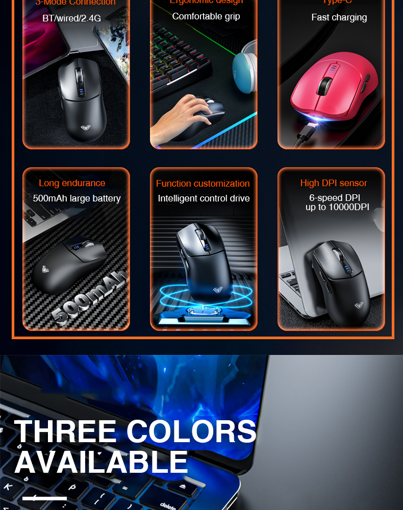 AULA SC580 Wireless Mouse Bluetooth/2.4G/Type-C 500mAh Battery With 6 ...