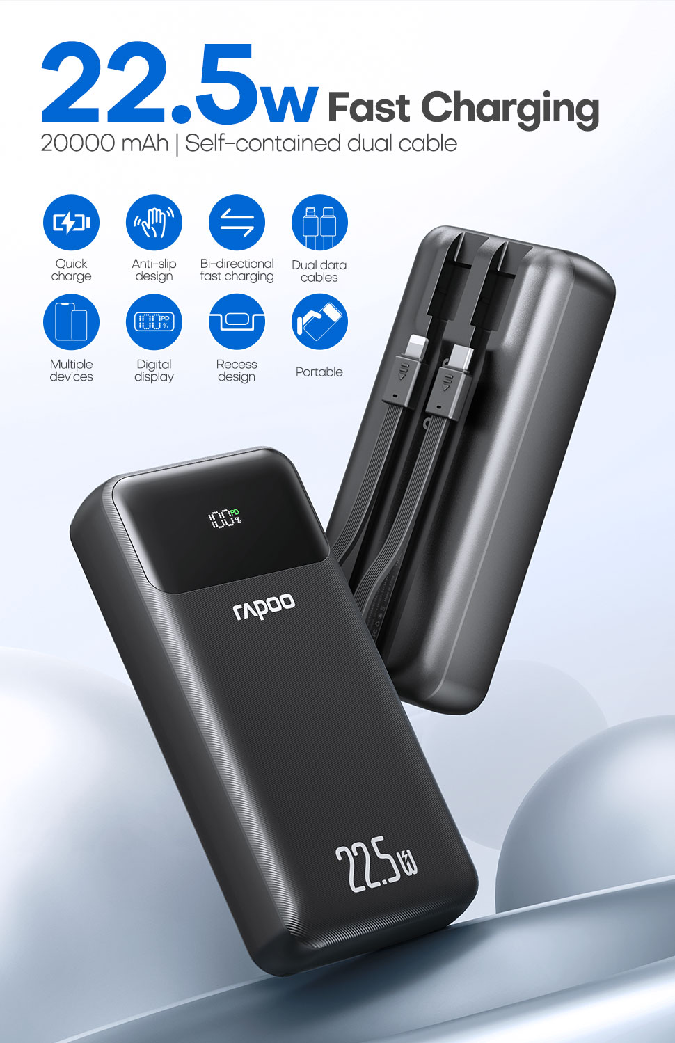 Rapoo RH20pro 20000mAh 22.5W Powerbank with Built in Cable Digital ...