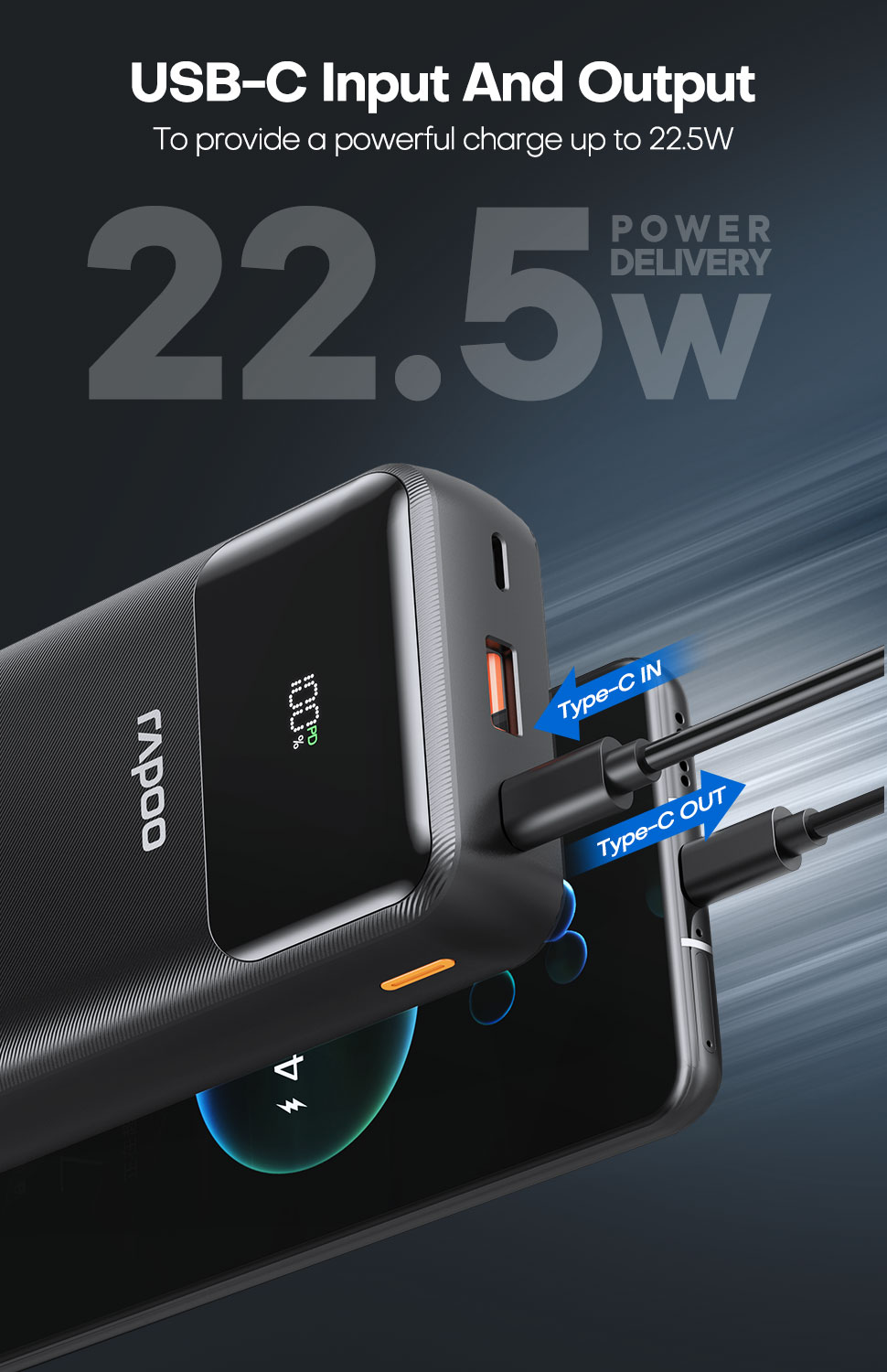 Rapoo RH20pro 20000mAh 22.5W Powerbank with Built in Cable Digital ...