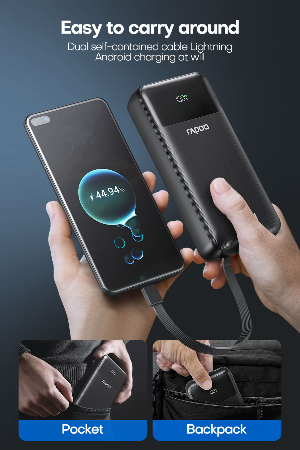 Rapoo RH20pro 20000mAh 22.5W Powerbank with Built in Cable Digital ...