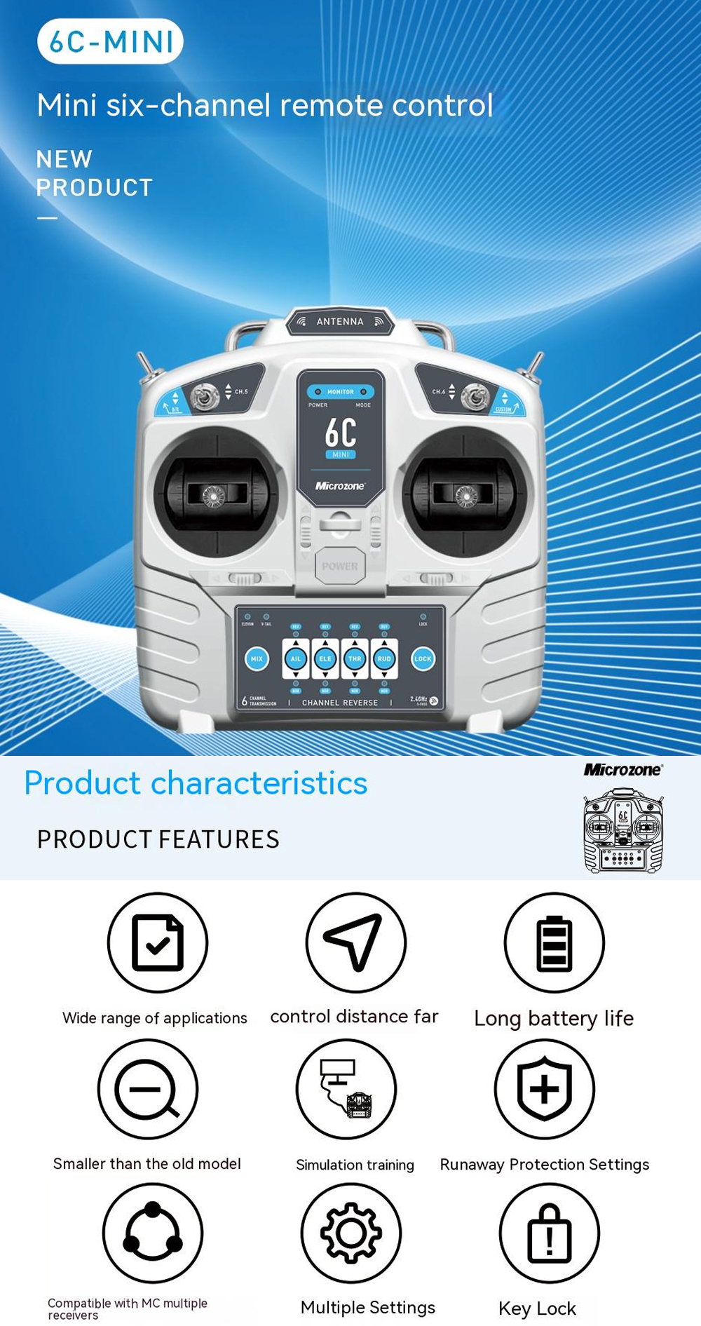 MicroZone MC6C 6C-Mini V2 2.4G 6CH Controller Transmitter MC7RB ...