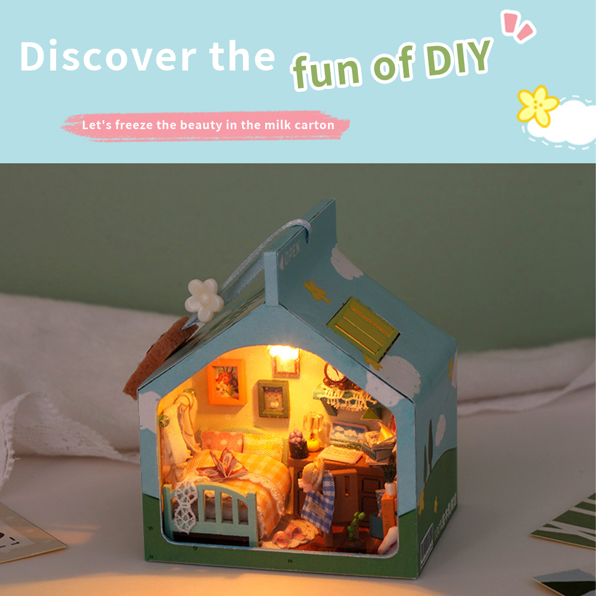 CUTEBEE Milk Carton Doll House Kit 3D Miniature House Wooden Doll House ...