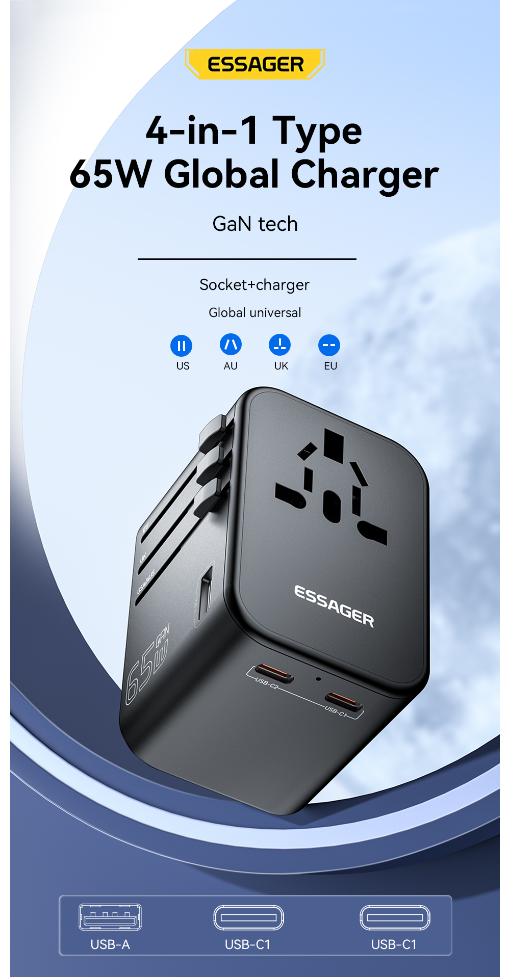 Essager Travel Adapter Support PD QC 3.0 Fast Charge Up to 1840W Max USB Connector 35/65W ...