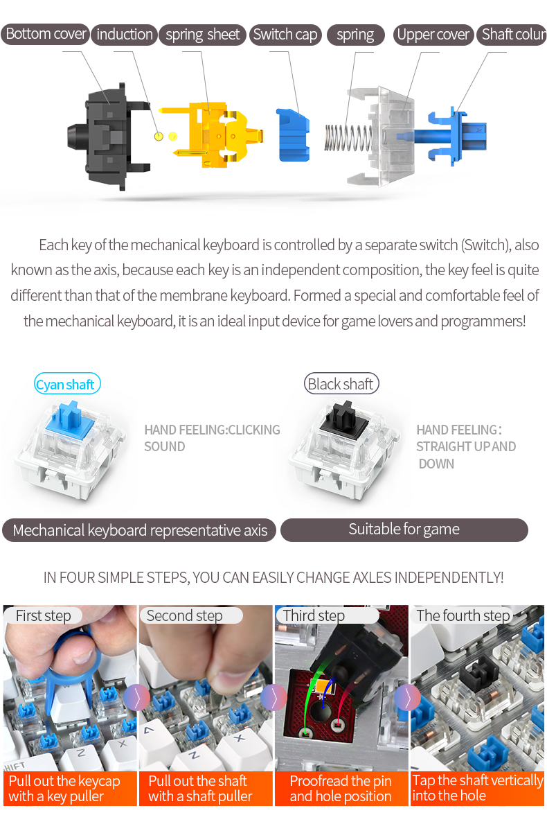 Mechanical keyboard replaceable gaming keyboard Cyan axis gaming punk ...