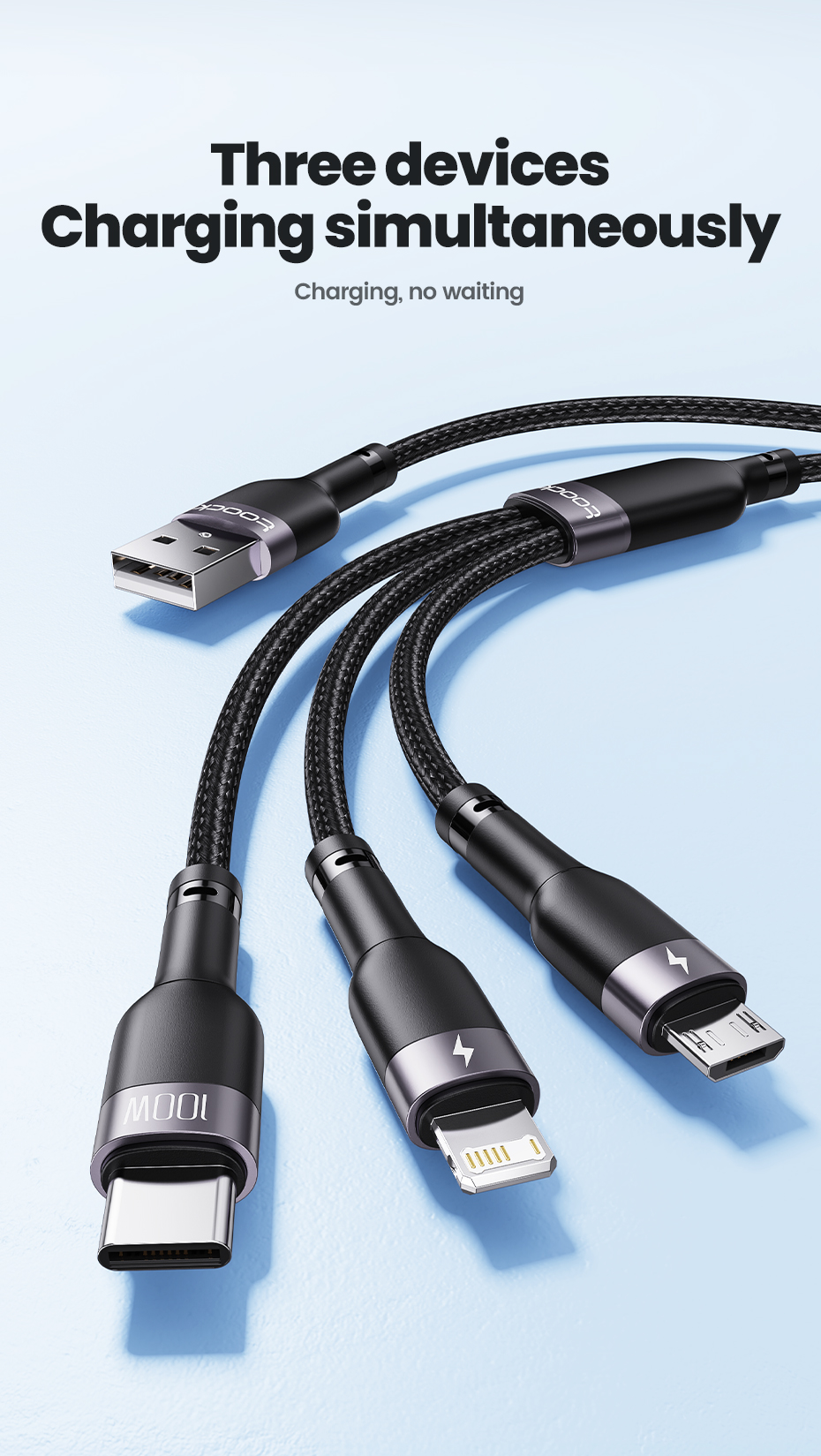 Toocki 100W 3 In 1 USB Cable Micro USB Type C Cable Charger USB C Data ...