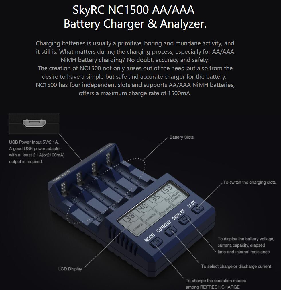 SKYRC NC1500 4-Slot Smart Battery Charger Discharger & Analyzer for AA/AAA Ni-MH Battery ...