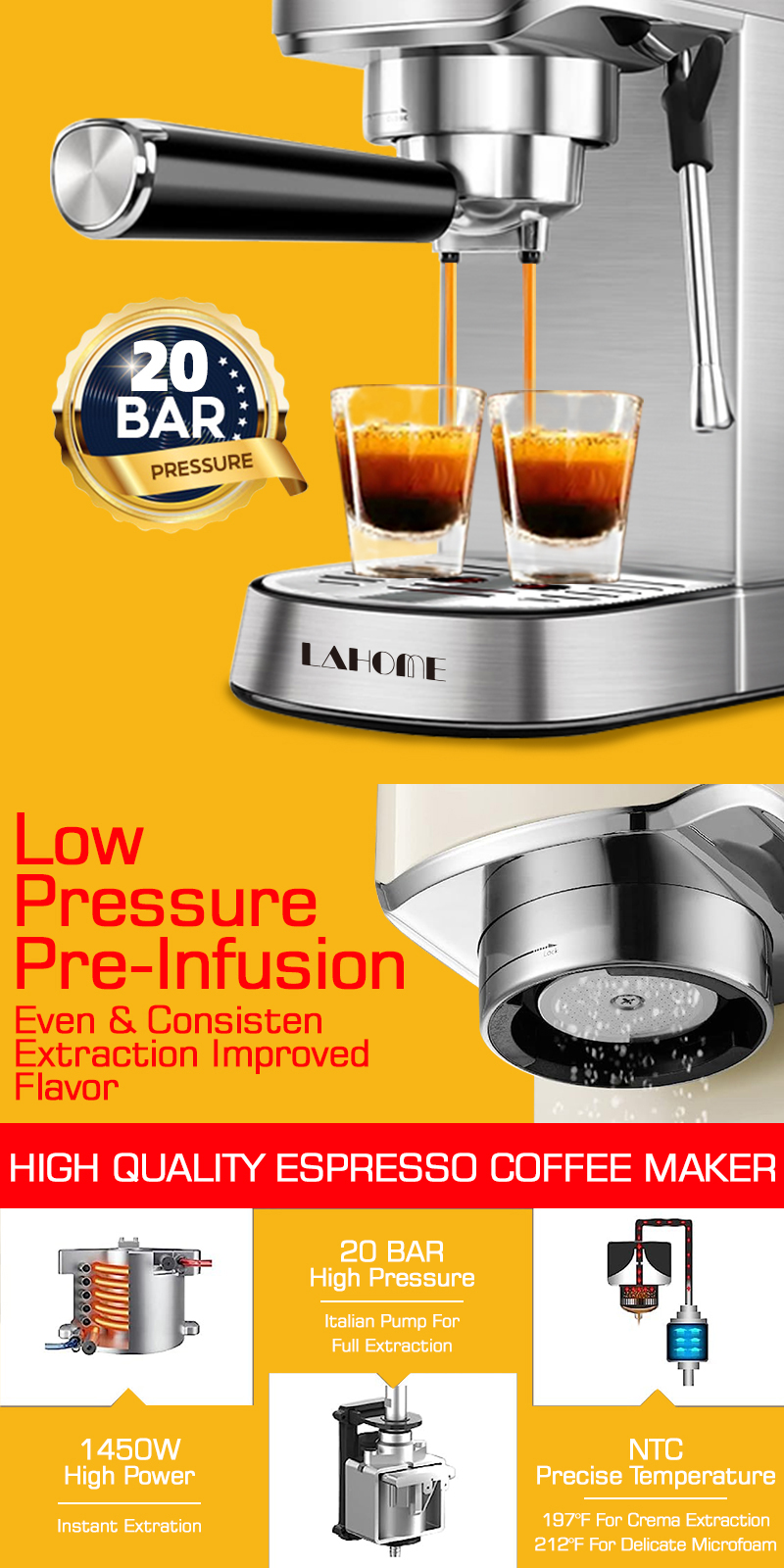 LaHome Espresso Coffee Maker Machine Expresso Fully Automatic Pressure ...