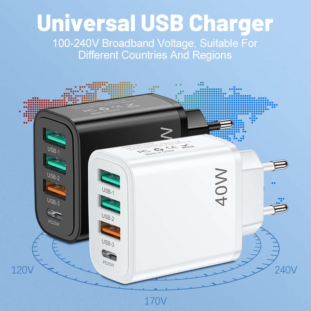 PD25W+3USB Travel Charging Adoptor 40W Type C Fast Charger Power ...