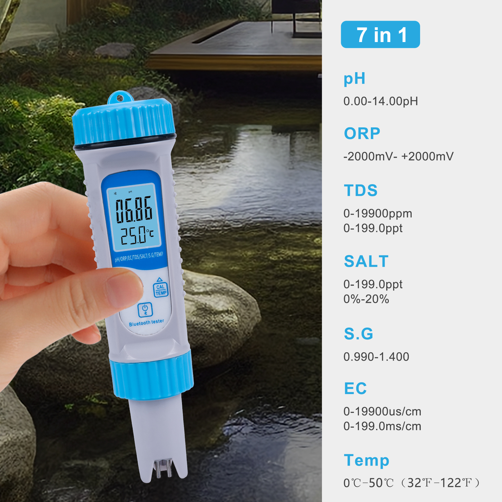 7 in1 Digital pH Meter, pH/ TDS/ SALT/ OPR/ S.G/ EC/ TEMP Tester ...