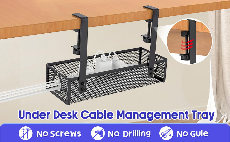 Under Desk Cable Management Tray, No-Drill Mesh Table Cable Basket for Managing Cables and Power ...