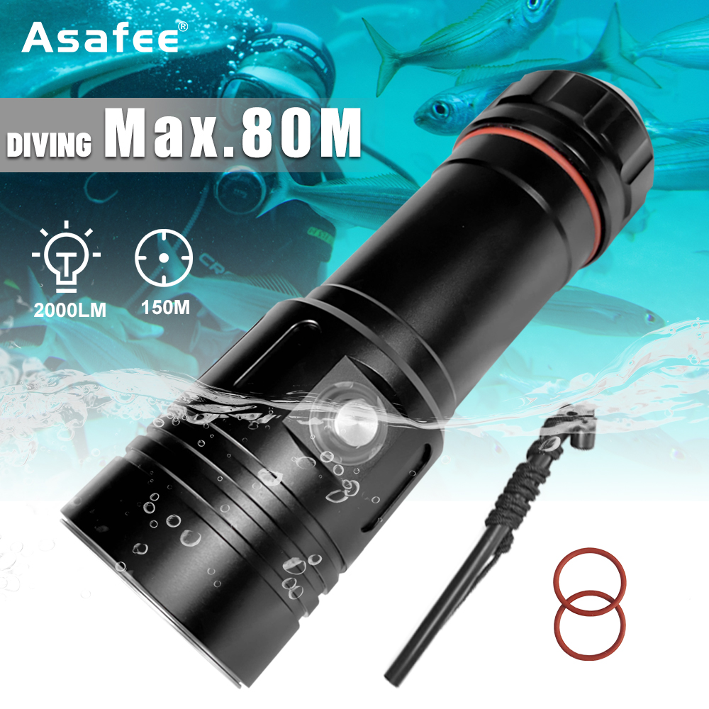 Asafee AF05D XHP50/70 led White Light Diving Flashlight 2000LM IP68 ...