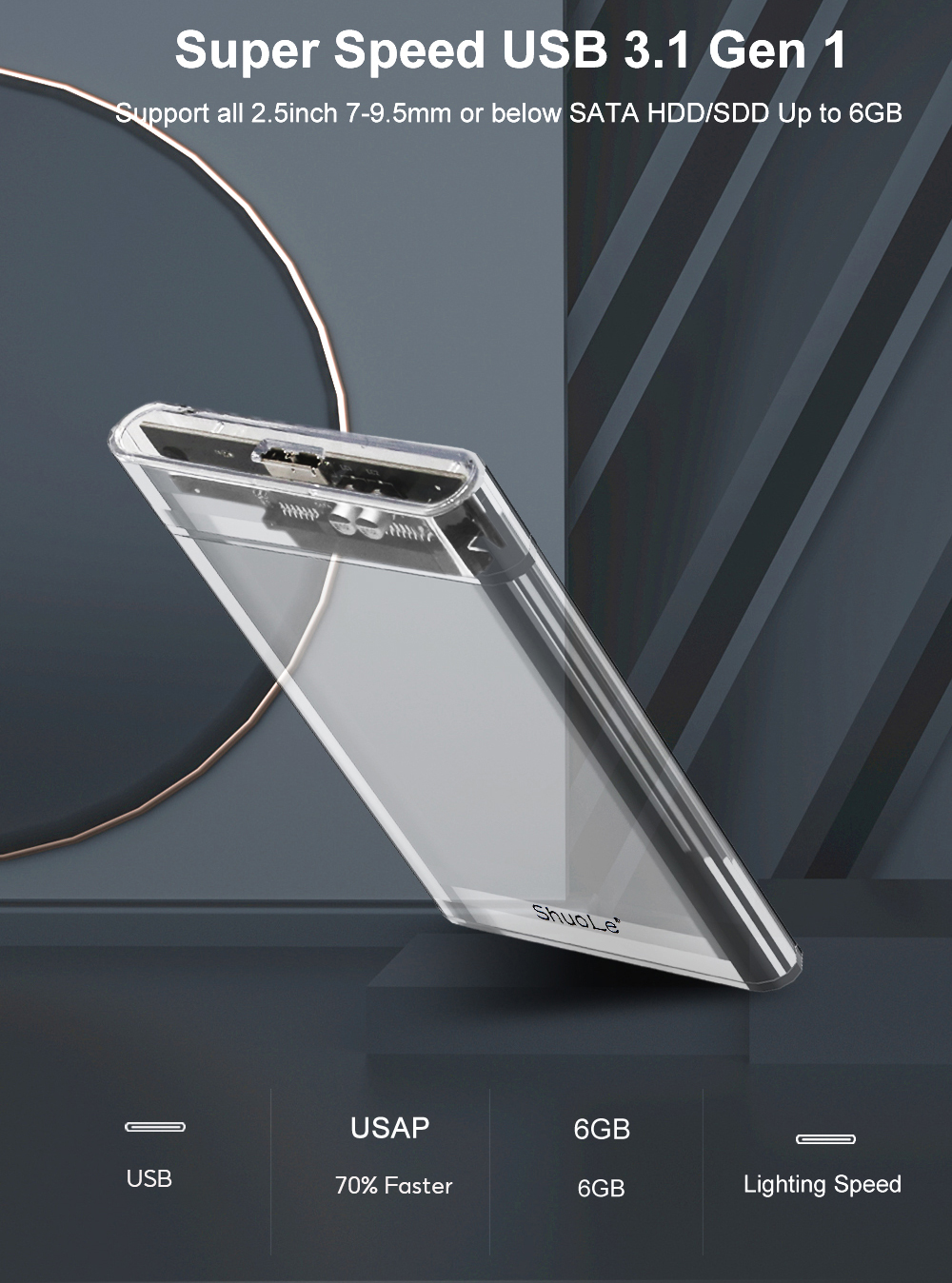 HDD CASE USB3.0/Type C 2.5'' Hard Drive Enclosure Transparent Mobile ...