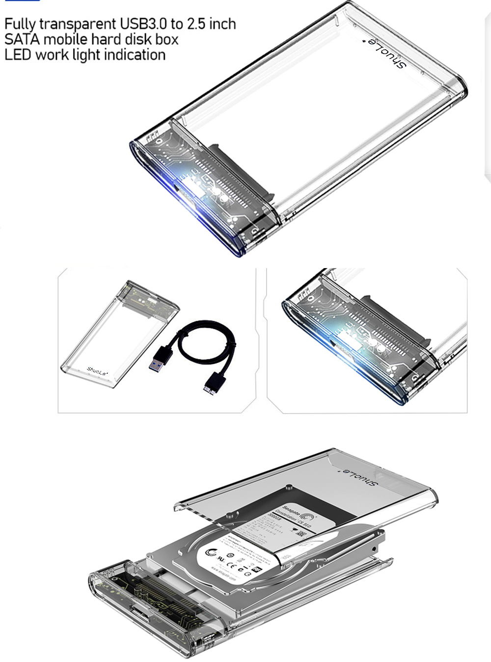 HDD CASE USB3.0/Type C 2.5'' Hard Drive Enclosure Transparent Mobile ...
