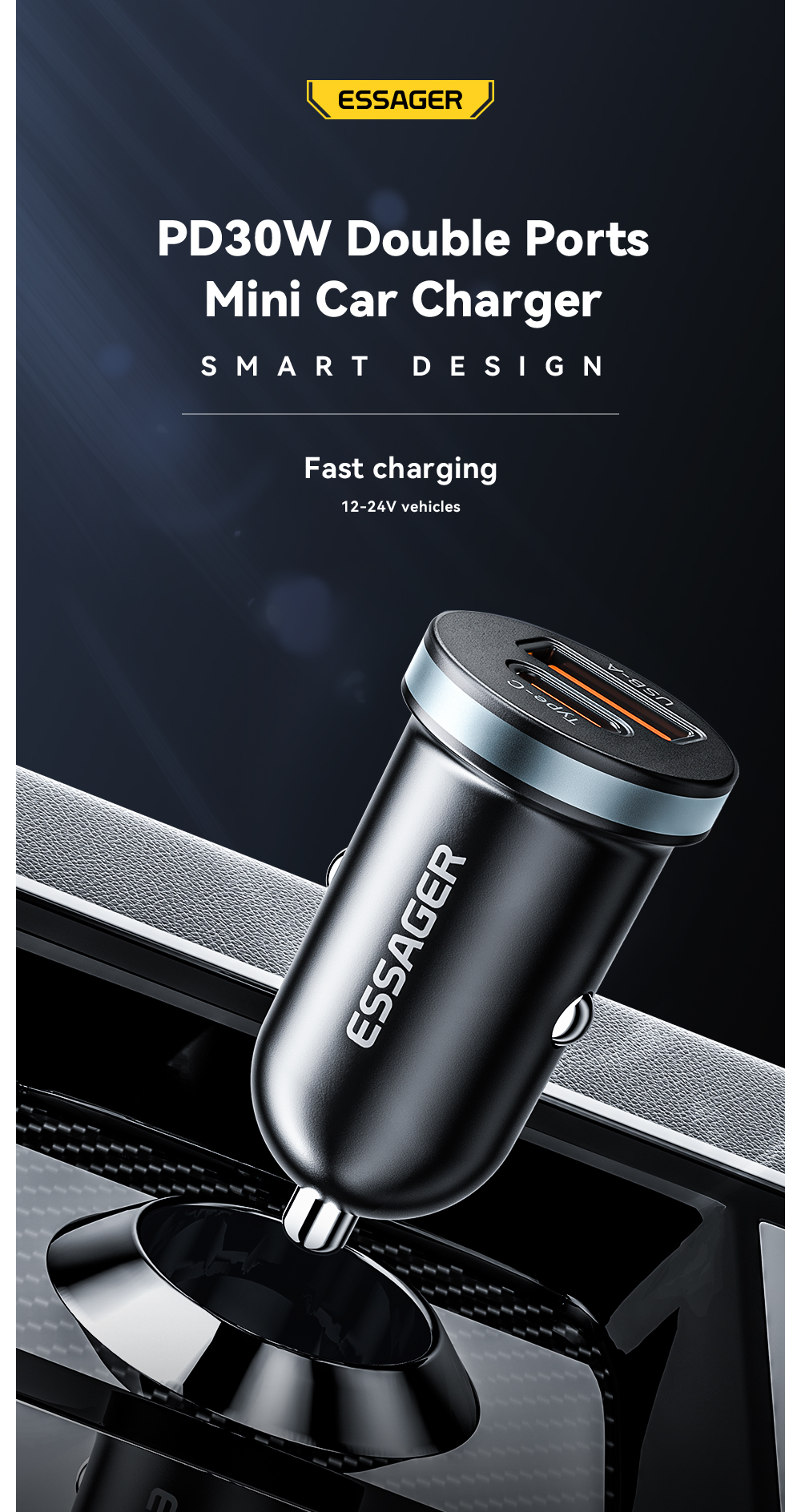Essager 30W car charger usb Type c car charger fast charging Aluminum ...