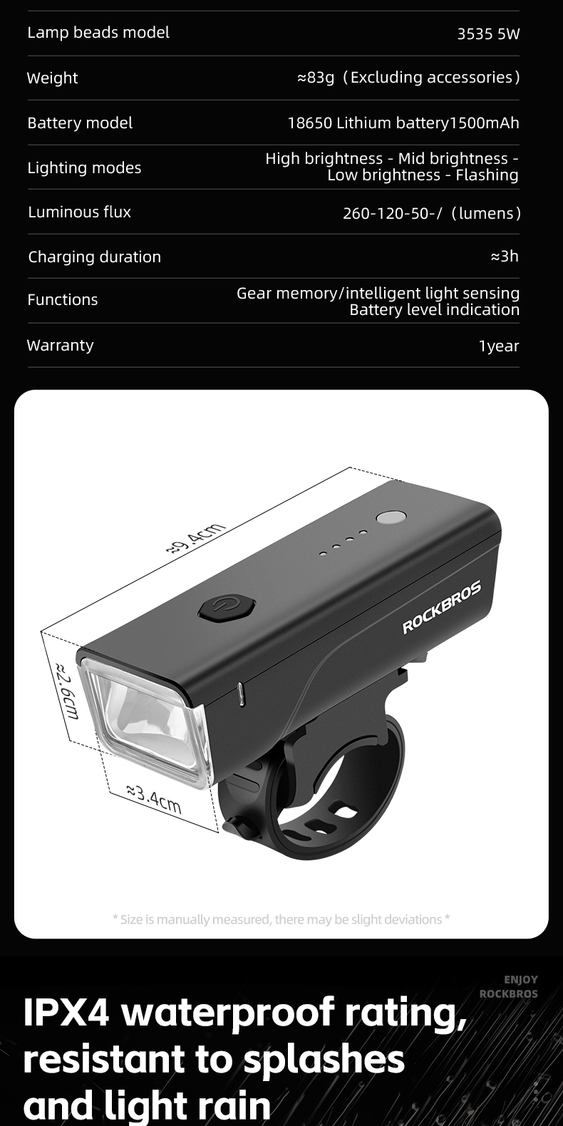 Rockbros Bike Light 260 Lumen IPX4 Waterproof Front Light 1500mAh ...