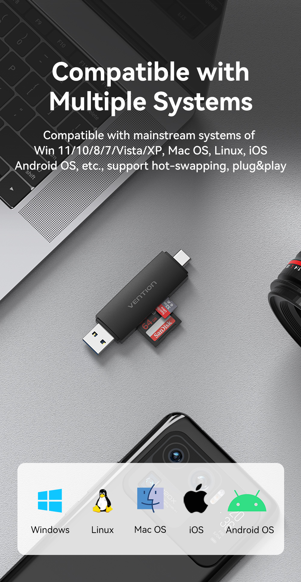 Vention Card Reader USB 3.0 Type C 512GB Fast Transmission 2 in 1 SD Card Reader TF Card Dual ...