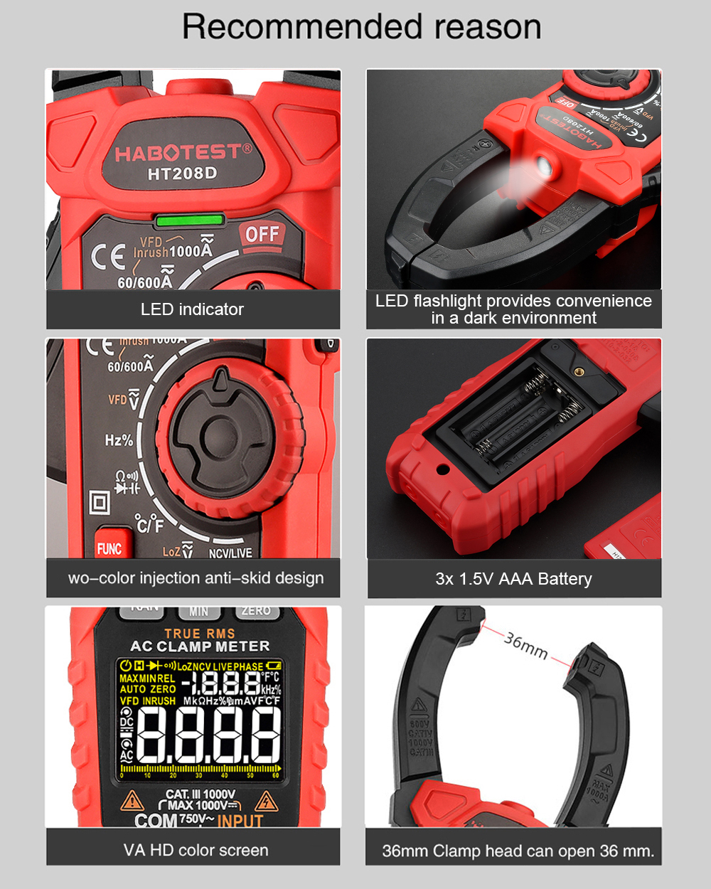 【Free Gift】HABOTEST HT208 Digital Clamp Meter 1000V/1000A AC/DC True ...