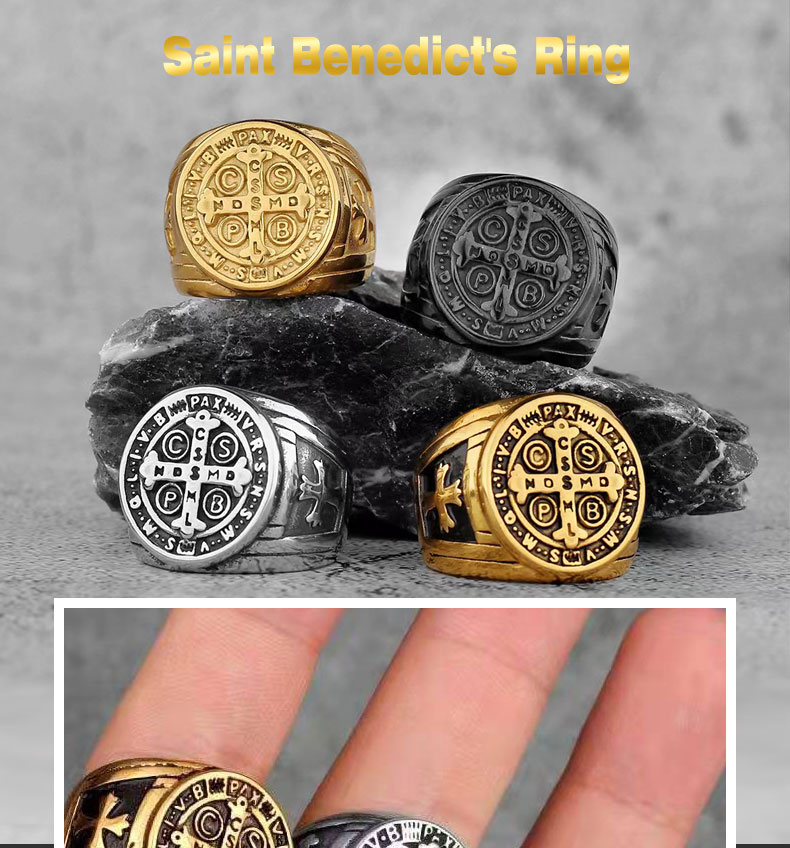 Catholic Saint Benedict CSPB medal Ring 100% Stainless Steel 18k Gold ...