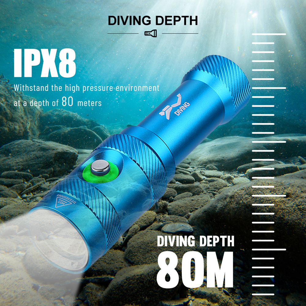Diving Flashlight L2 LED 1050LM Underwater Deep Dive 80M 18650 Battery ...