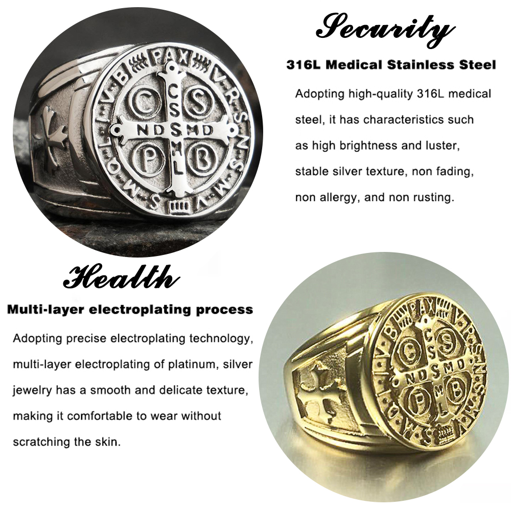 Catholic Saint Benedict CSPB medal Ring 100% Stainless Steel 18k Gold ...