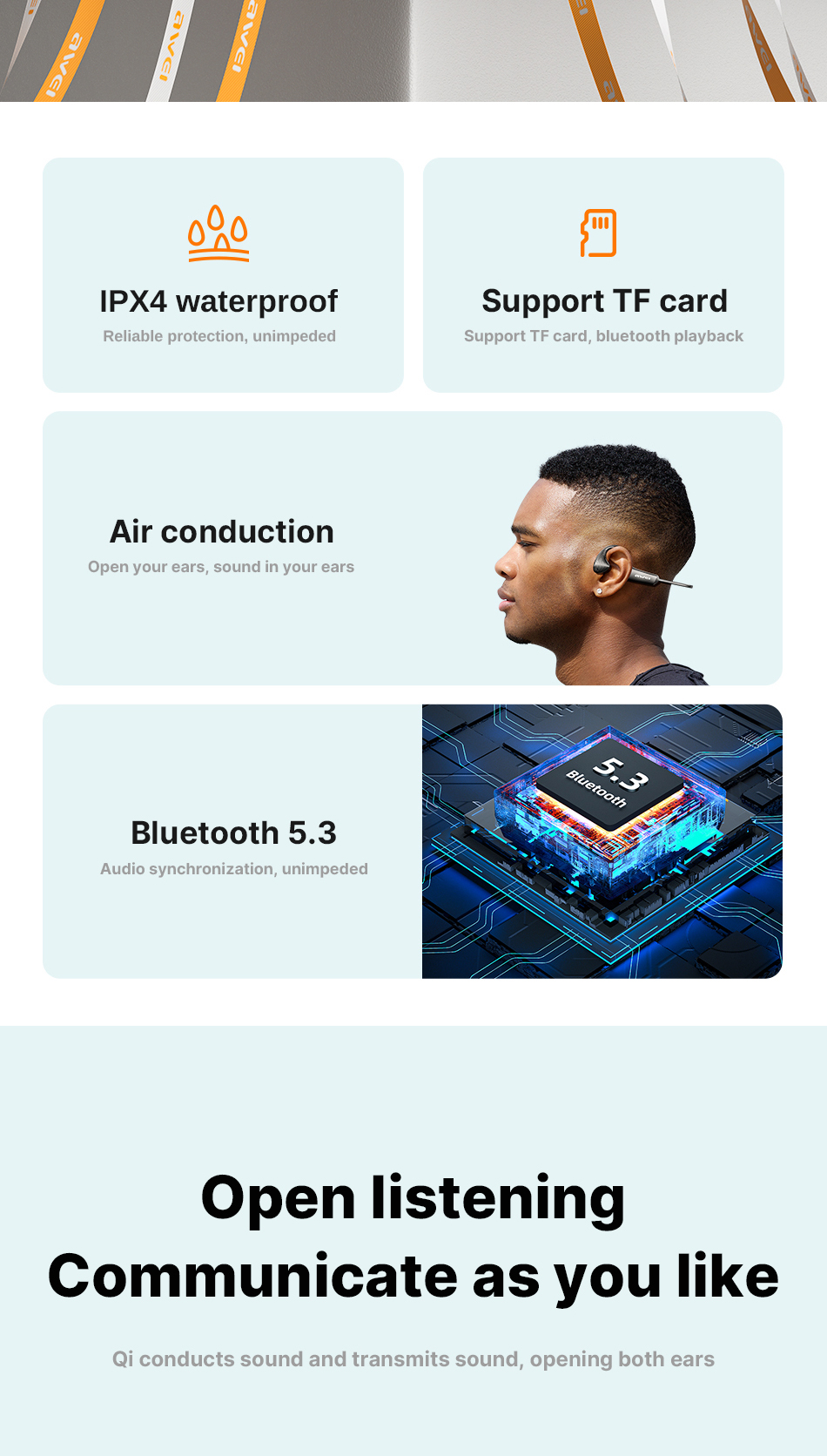 Awei A896BL Air Conduction Headset 360° Stereo Wireless Bluetooth Earphone IPX4 Waterproof ...