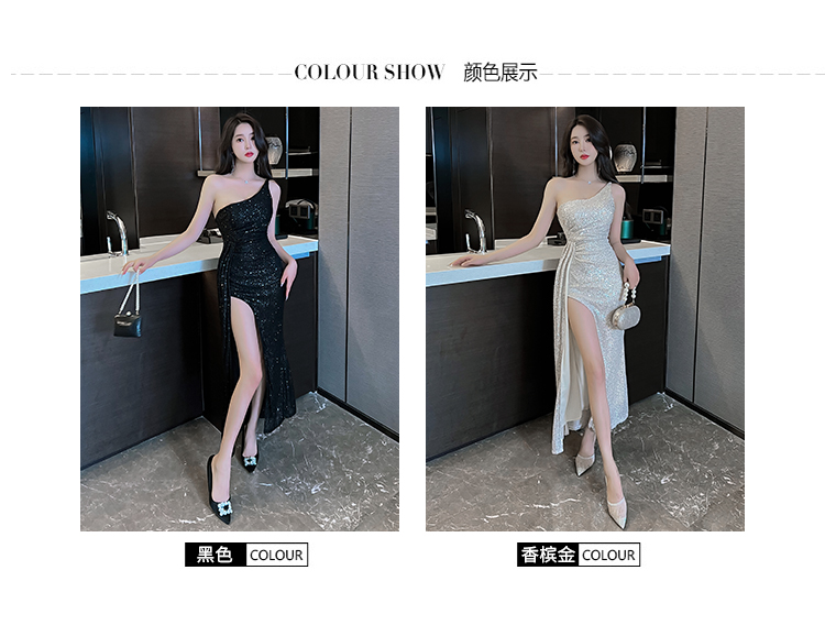 Banquet Classy Light Luxury One-Shoulder Sequined Evening Dress Sexy ...