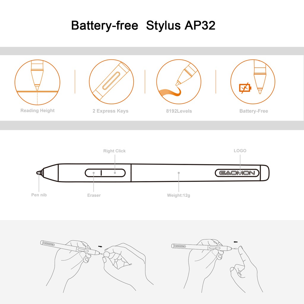 GAOMON Art Paint AP32 Battery-Free 8192 Levels Pressure Passive Stylus ...