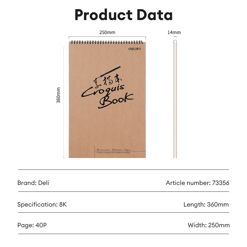 Deli 73356 Professional Sketchbook Thick Paper Spiral Notebook Art ...