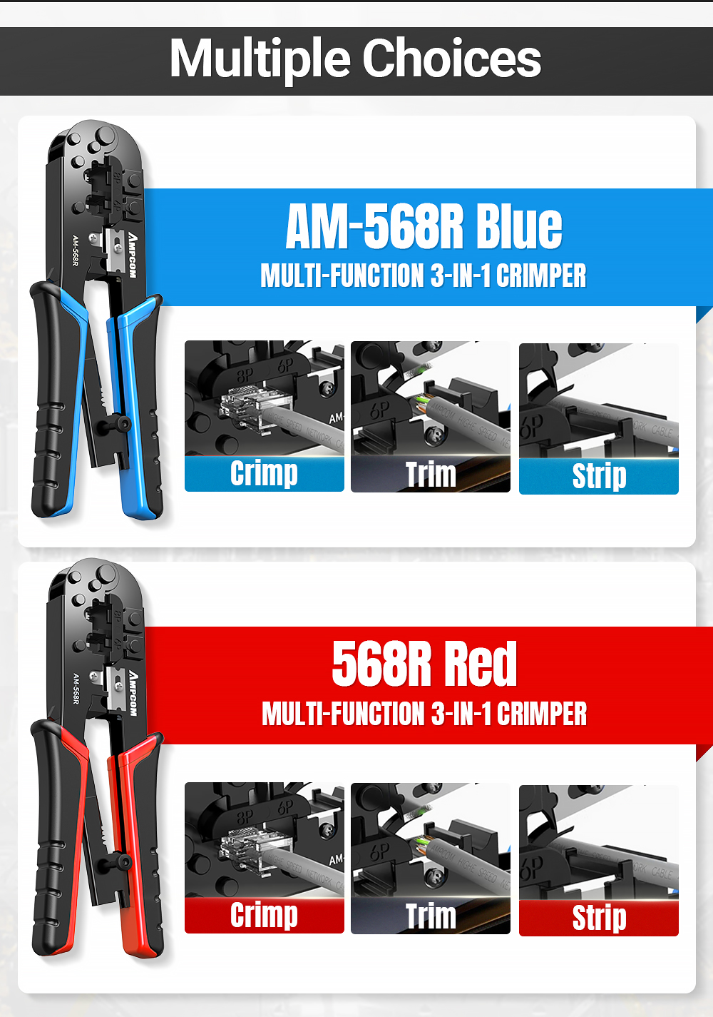 AMPCOM RJ45 Crimper Lan Tester Tool Set Ethernet Cable Stripper Punch ...